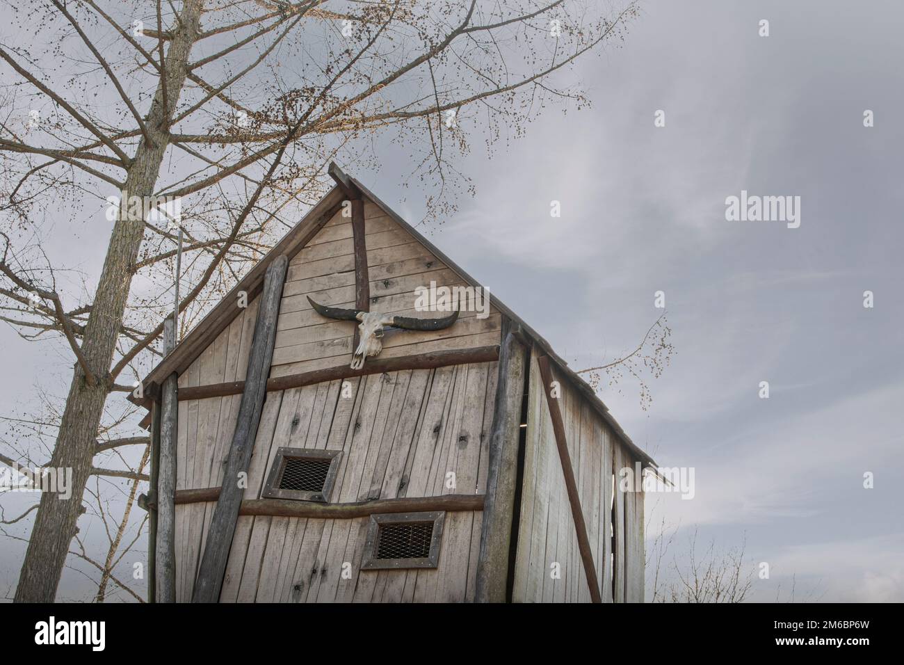 Imitation of the decor of an old hunting wooden house Stock Photo - Alamy