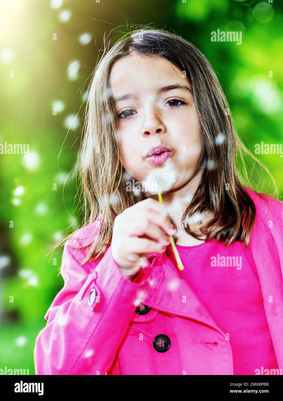 Cute child blowing on a flower standing in a park Stock Photo - Alamy