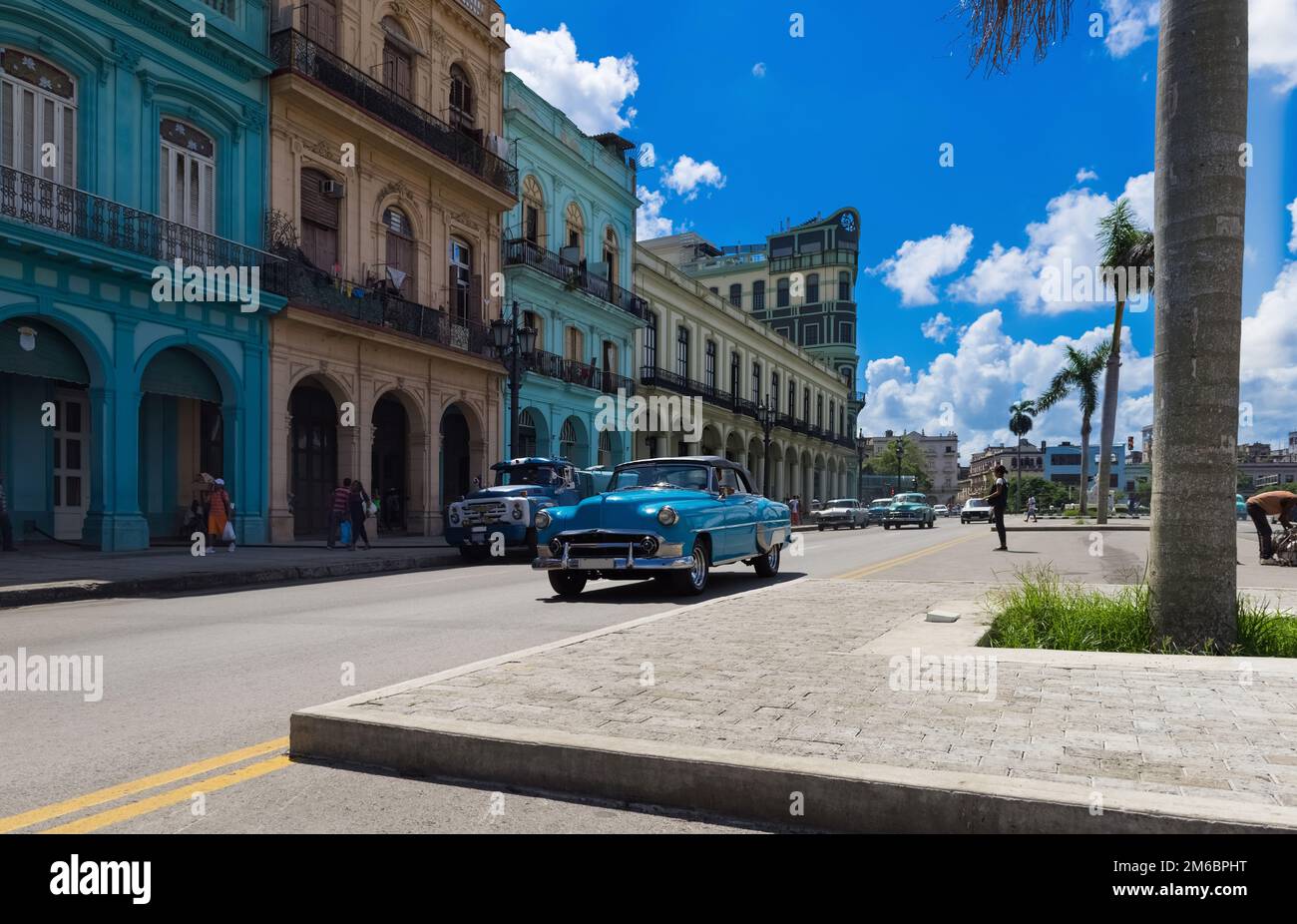 American vintage car driving on the main street in old town Havana Cuba ...