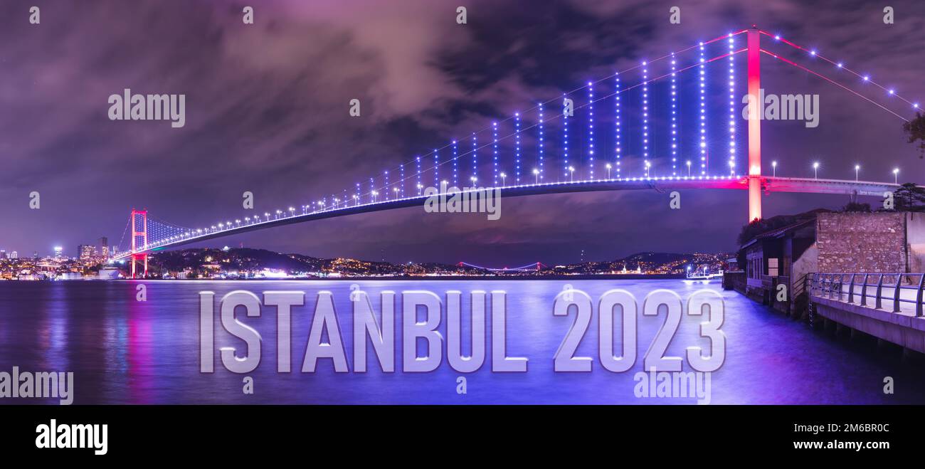 15 July Martyrs Bridge, violet, purple cloudy sky and sea in Istanbul ...