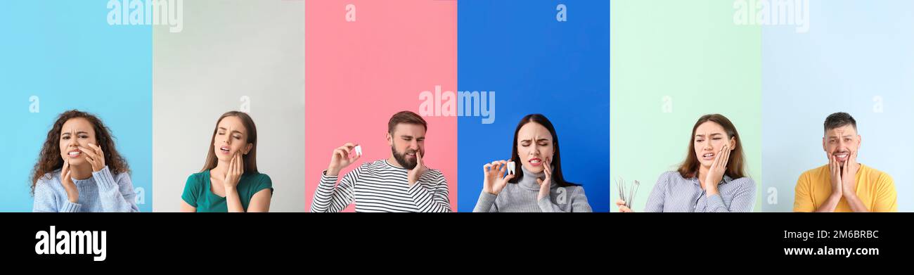 Different people with toothache on color background Stock Photo - Alamy