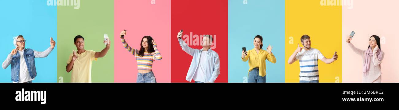 Collection of happy people with mobile phones taking selfie on color ...