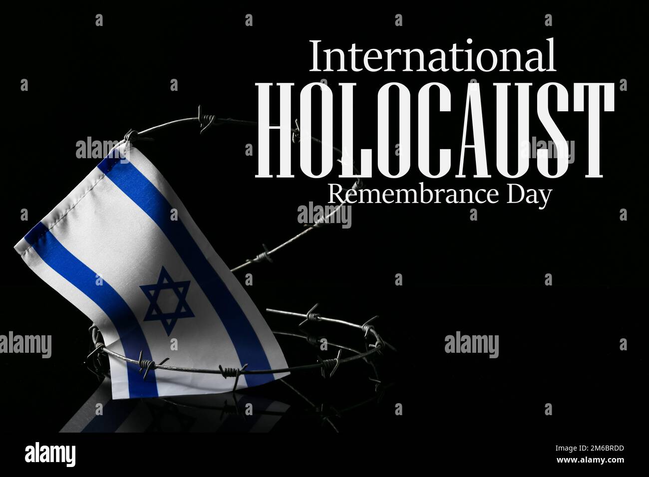 Flag of Israel and barbed wire on dark background. International ...