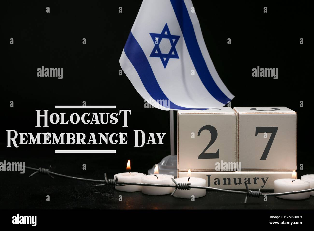Calendar with date JANUARY 27, flag of Israel, burning candles and ...
