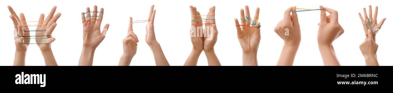Set of female hands with rubber bands on white background Stock Photo ...
