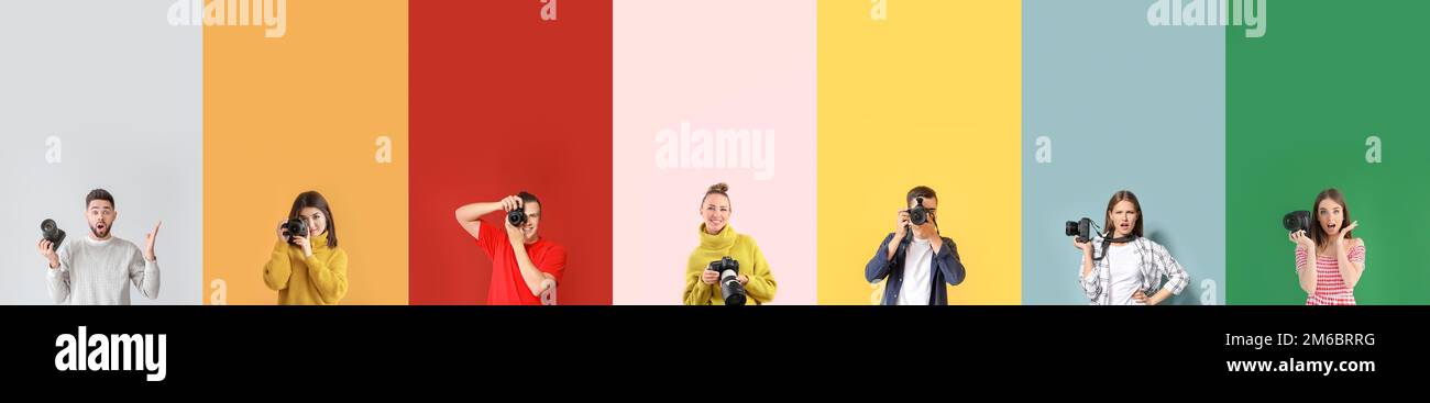 Collage of different photographers with modern cameras on color ...