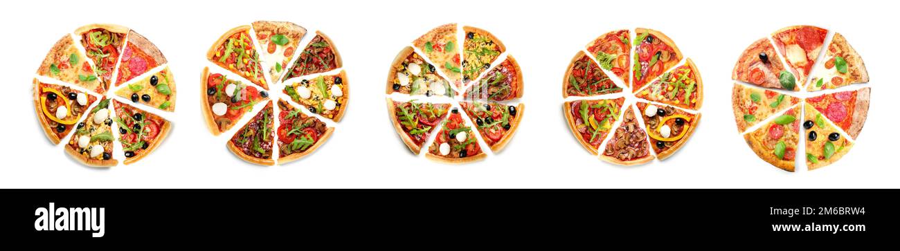 Many slices of different tasty pizzas isolated on white, top view Stock ...