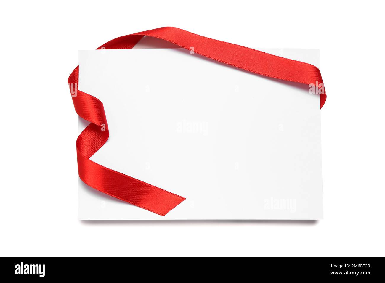 Blank card with red satin ribbon isolated on white background Stock ...