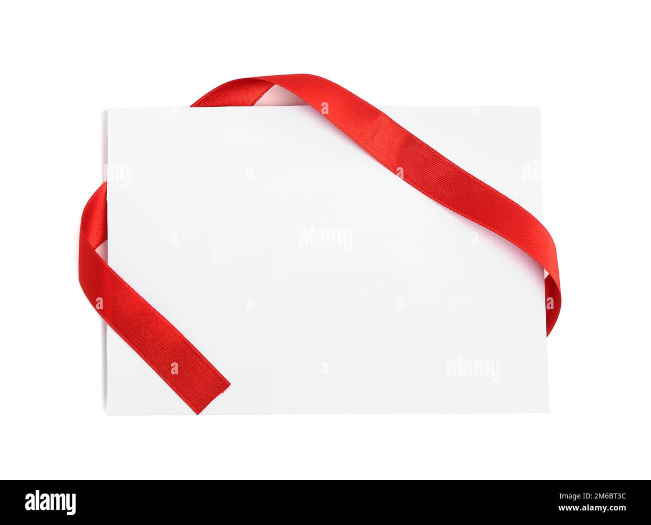 Blank card with red satin ribbon isolated on white background Stock ...