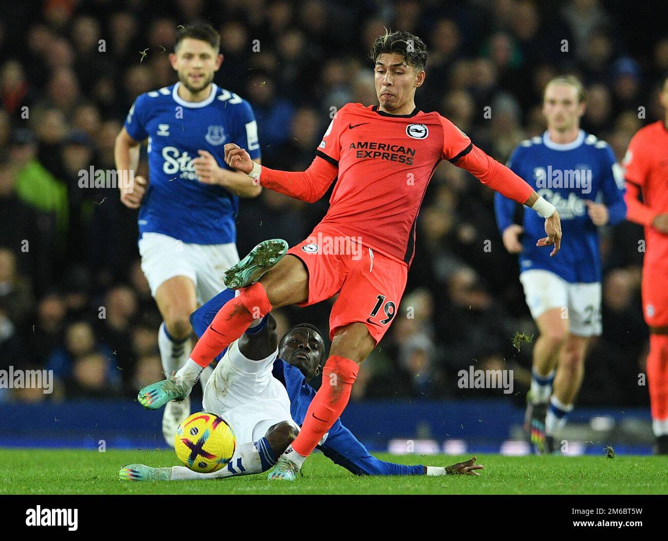 Liverpool, England, 3rd January 2023. Idrissa Gueye of Everton tackles ...