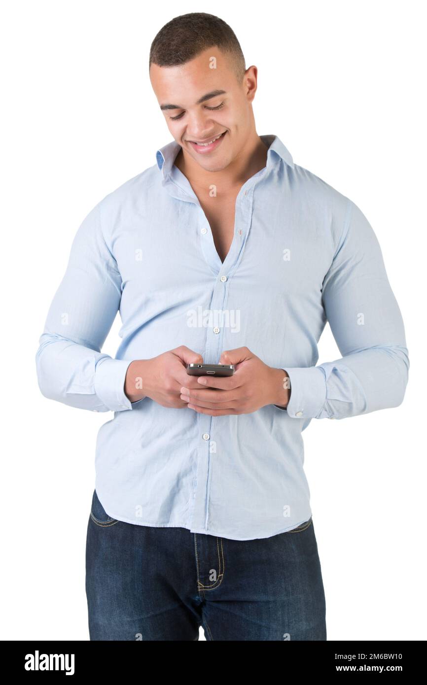 Happy man using mobile cell hi-res stock photography and images - Alamy