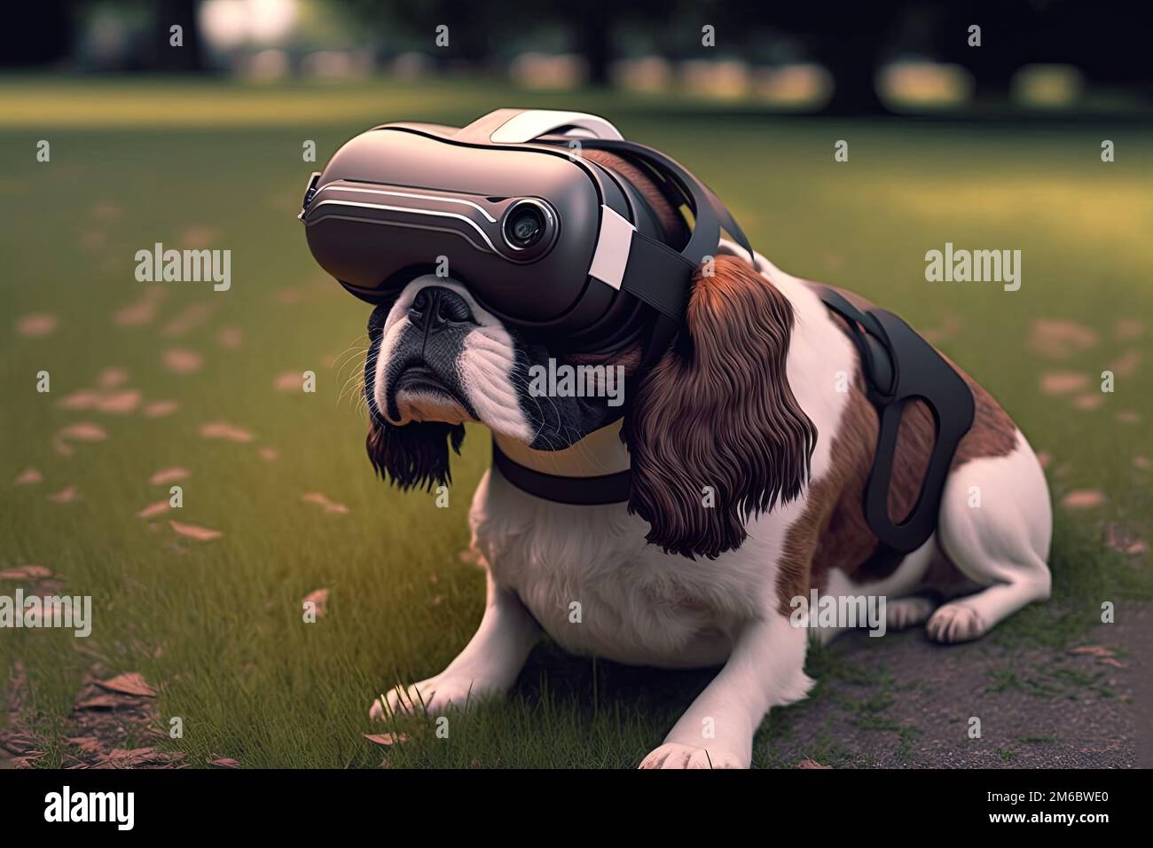 Dog wearing a VR Virtual Reality headset Stock Photo - Alamy