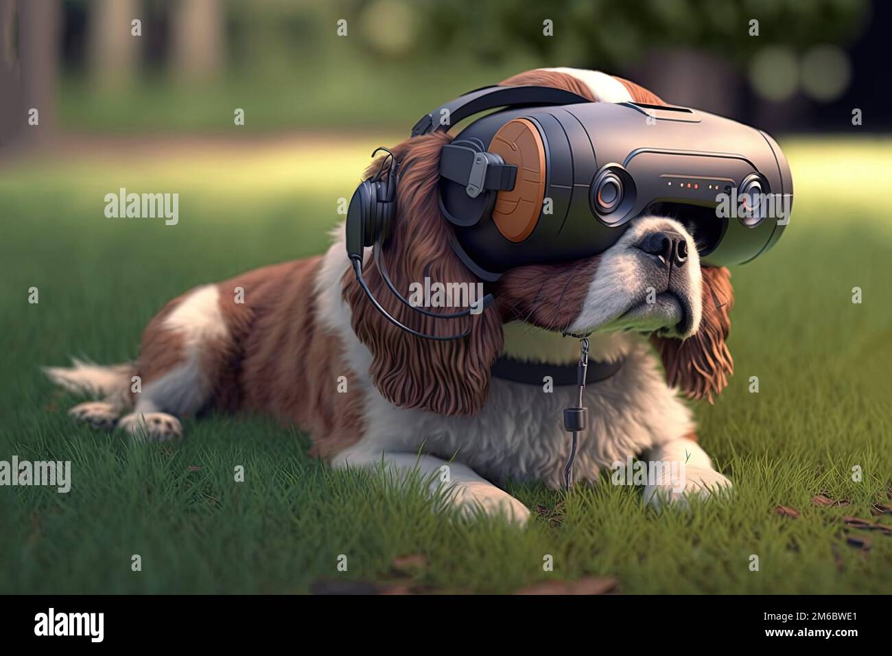 Dog wearing a VR Virtual Reality headset Stock Photo - Alamy