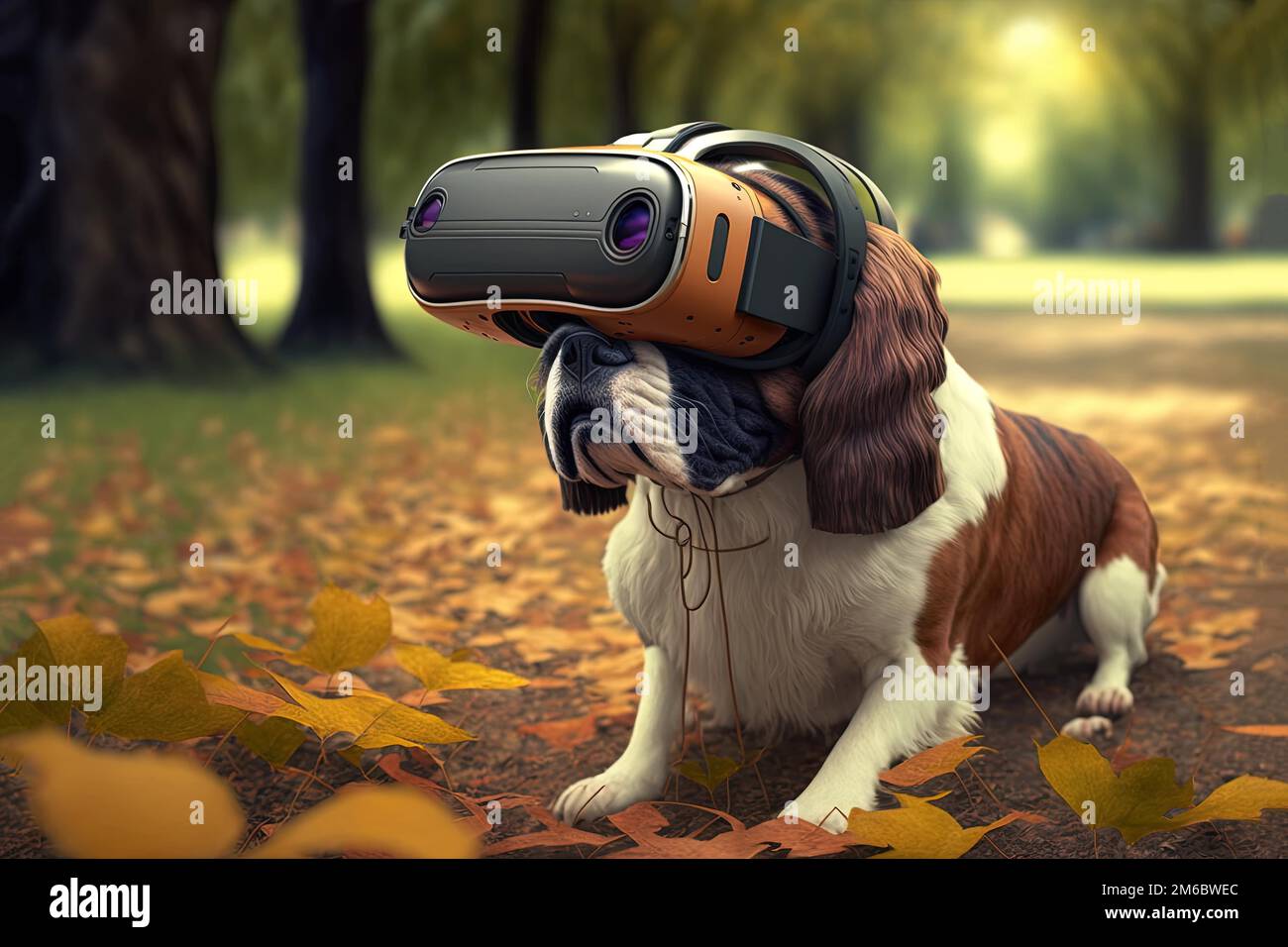 Dog wearing a VR Virtual Reality headset Stock Photo - Alamy