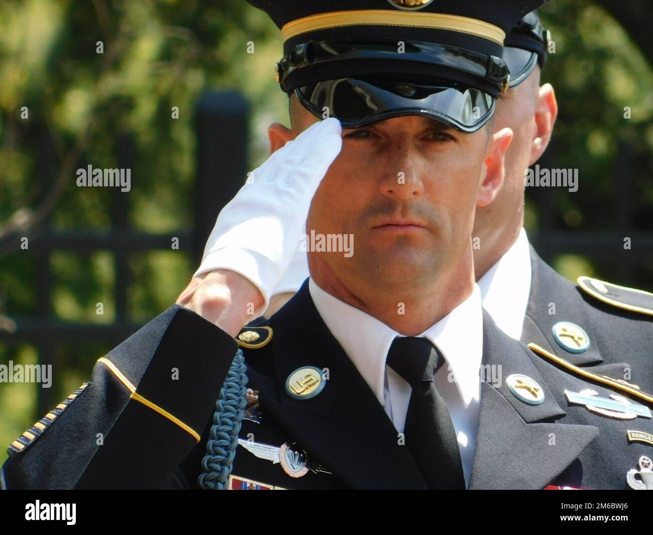 A member of the Army Honor Guard salutes the flag-draped casket at the ...