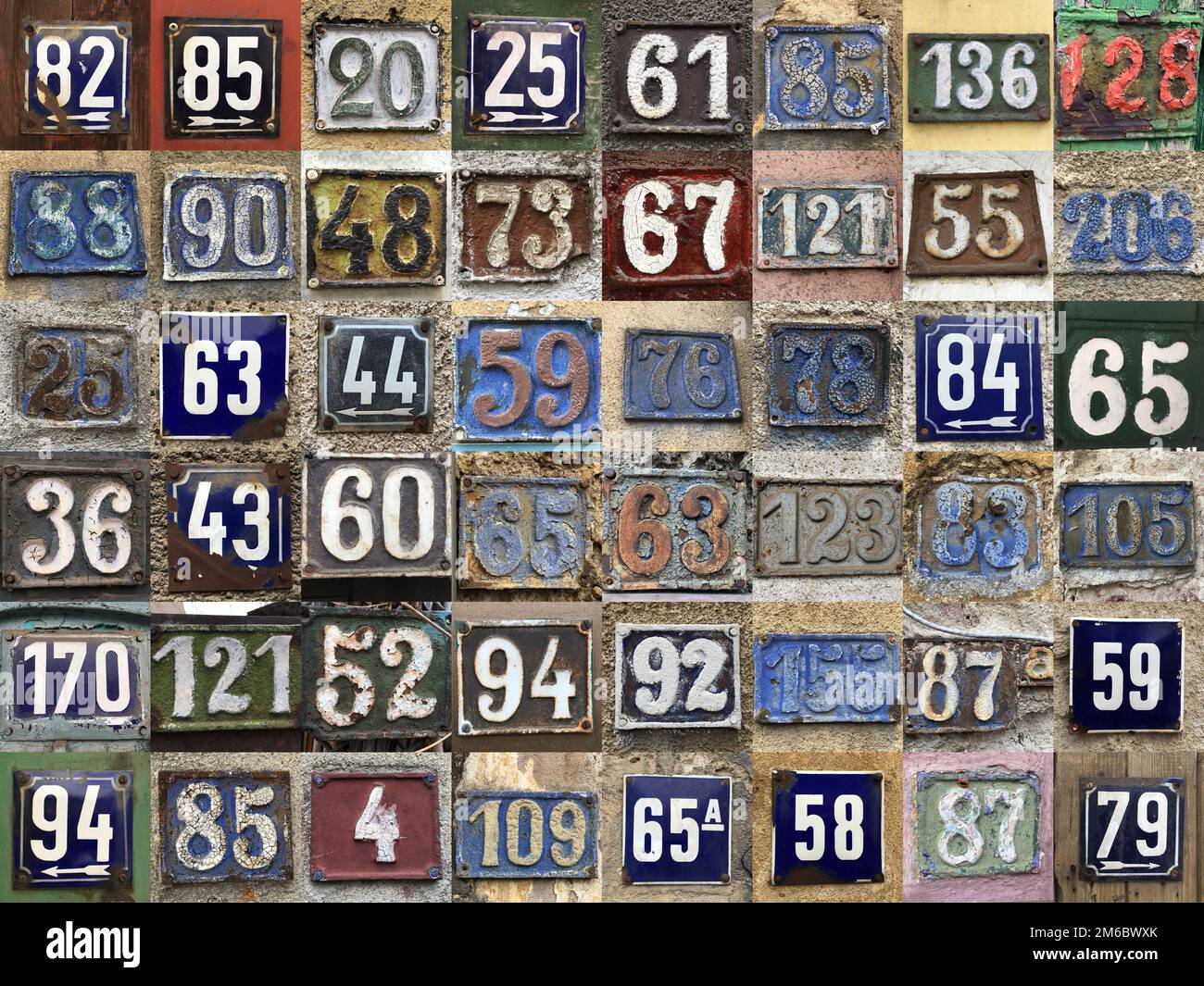 Vintage grunge square metal rusty plate of numbers of street address ...