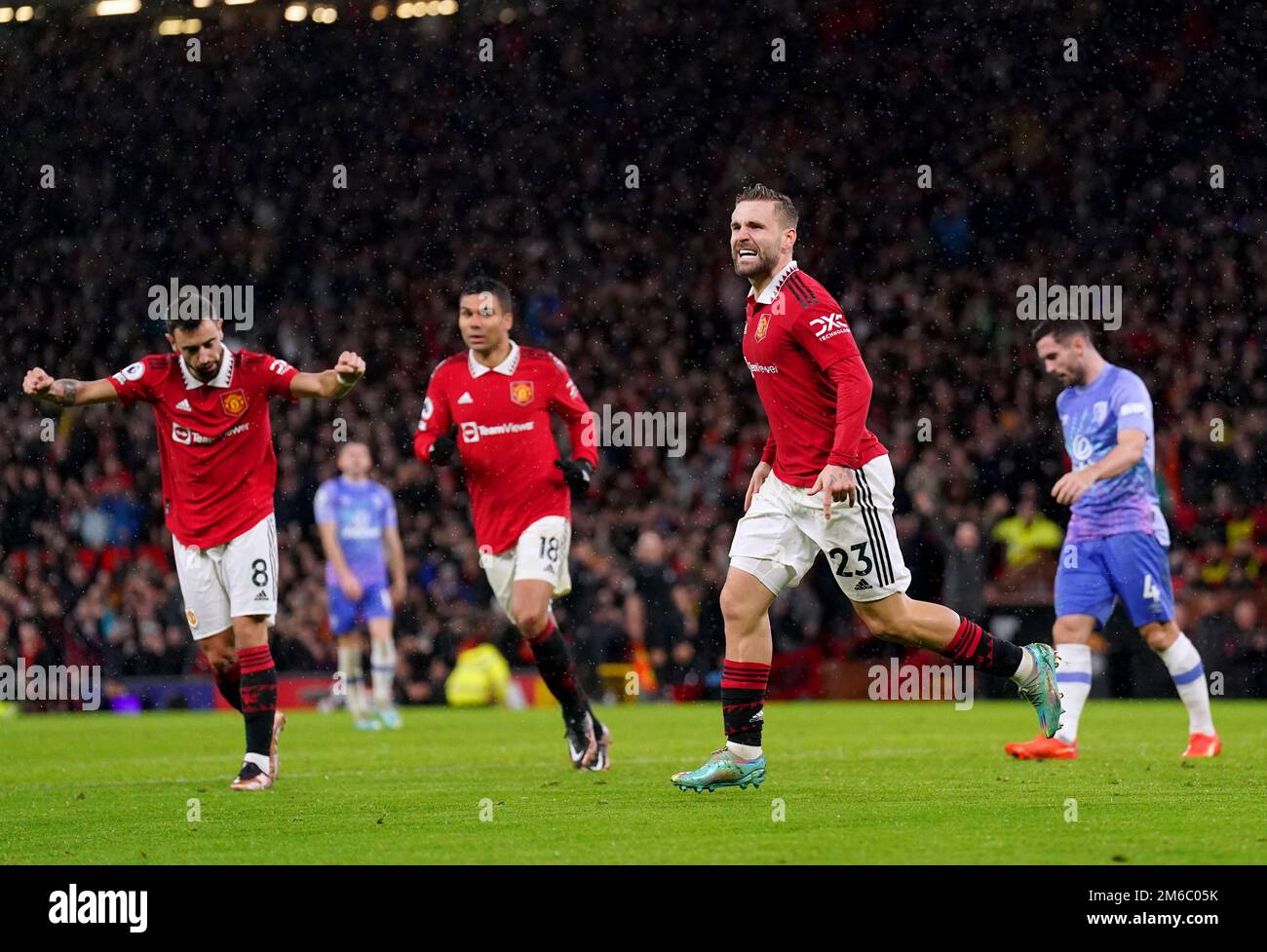 Manchester United's Luke Shaw celebrates scoring their side's second ...