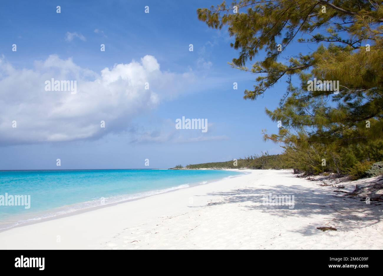 The scenic view of an empty sandy beach on Half Moon Cay uninhabited ...