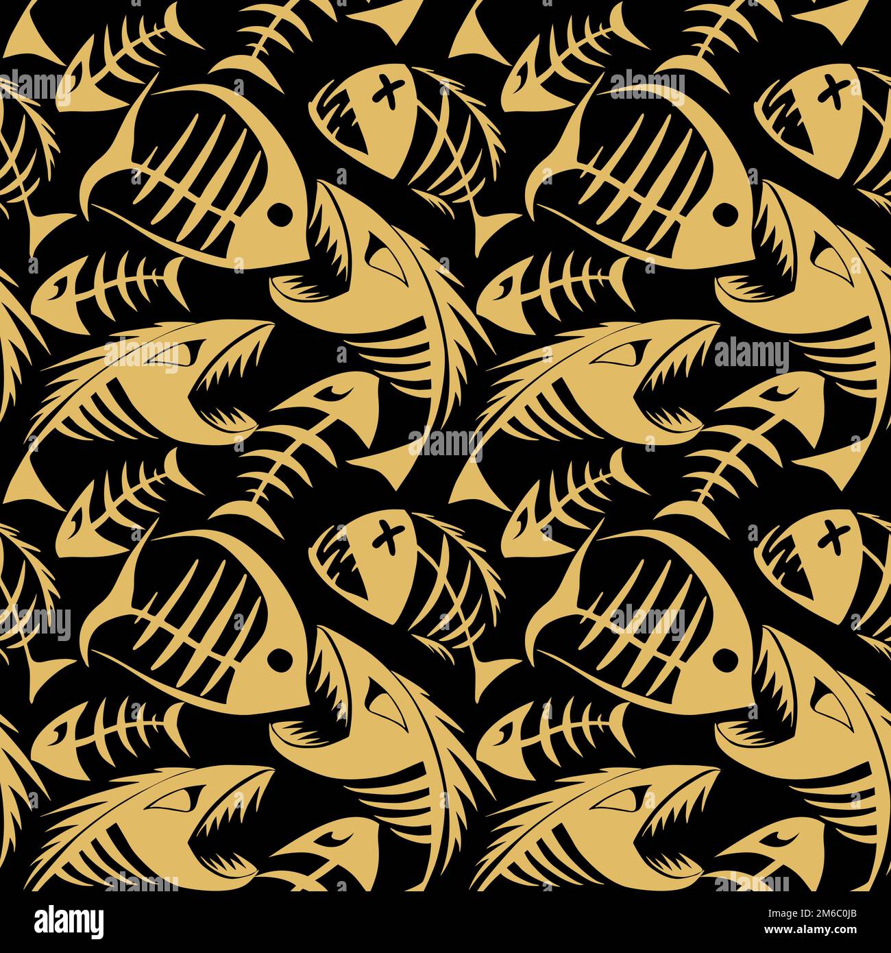 bright seamless pattern of golden graphic fish skeletons on a black ...