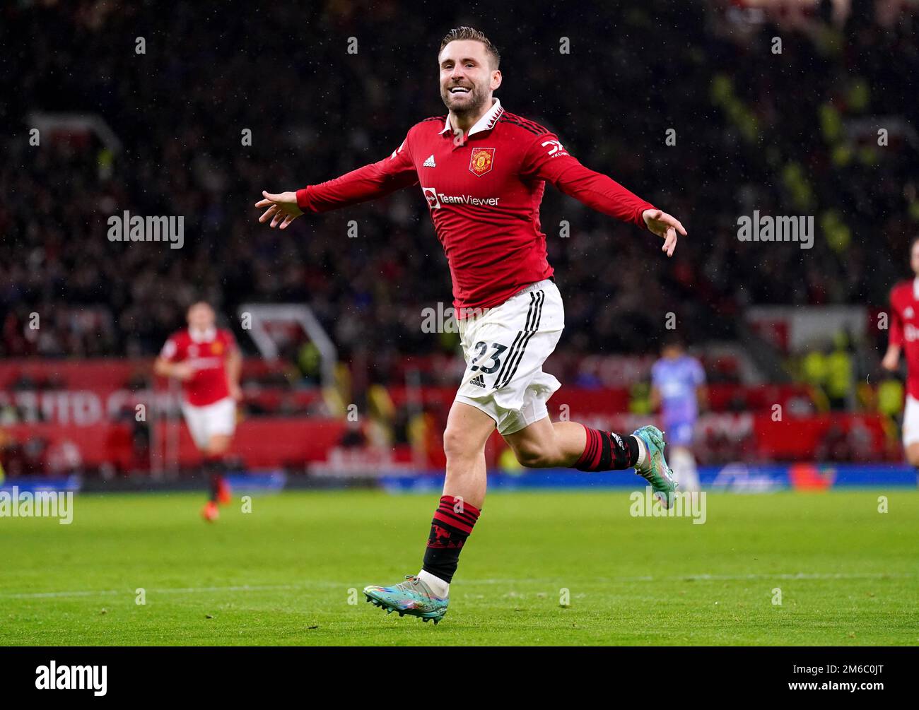 Manchester uniteds luke shaw celebrates scoring hi-res stock ...