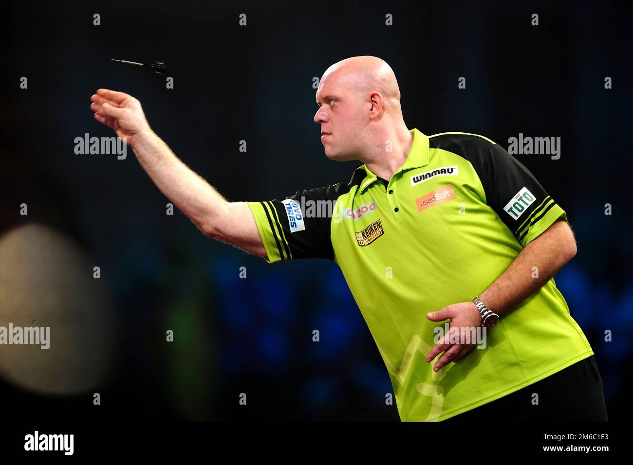 Michael van Gerwen in action during the final of the Cazoo World Darts Championship at Alexandra ...