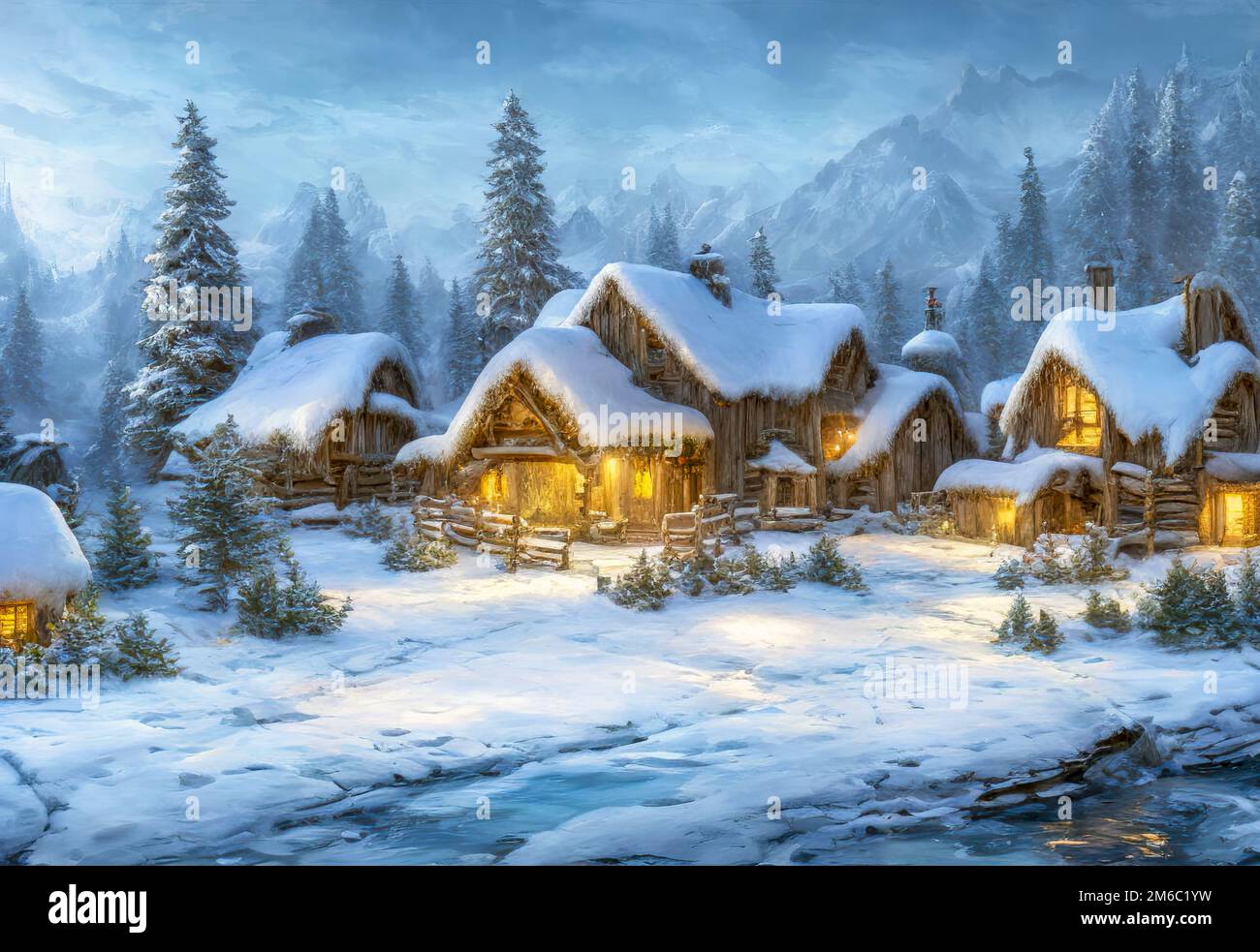 Winter town with mountains landscape. village with Snow in vintage ...