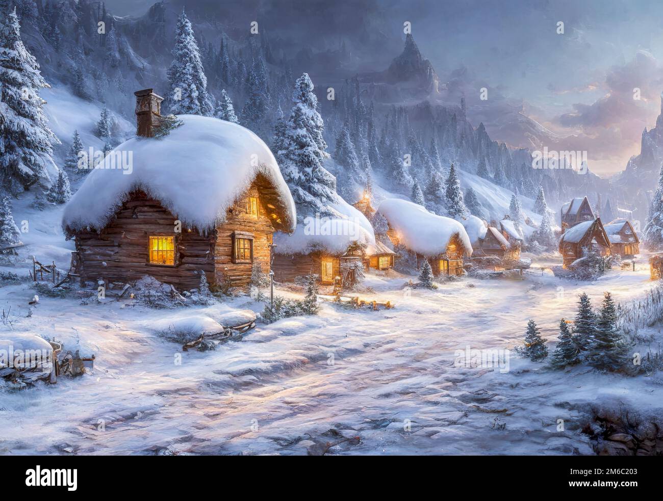 Winter town with mountains landscape. village with Snow in vintage ...