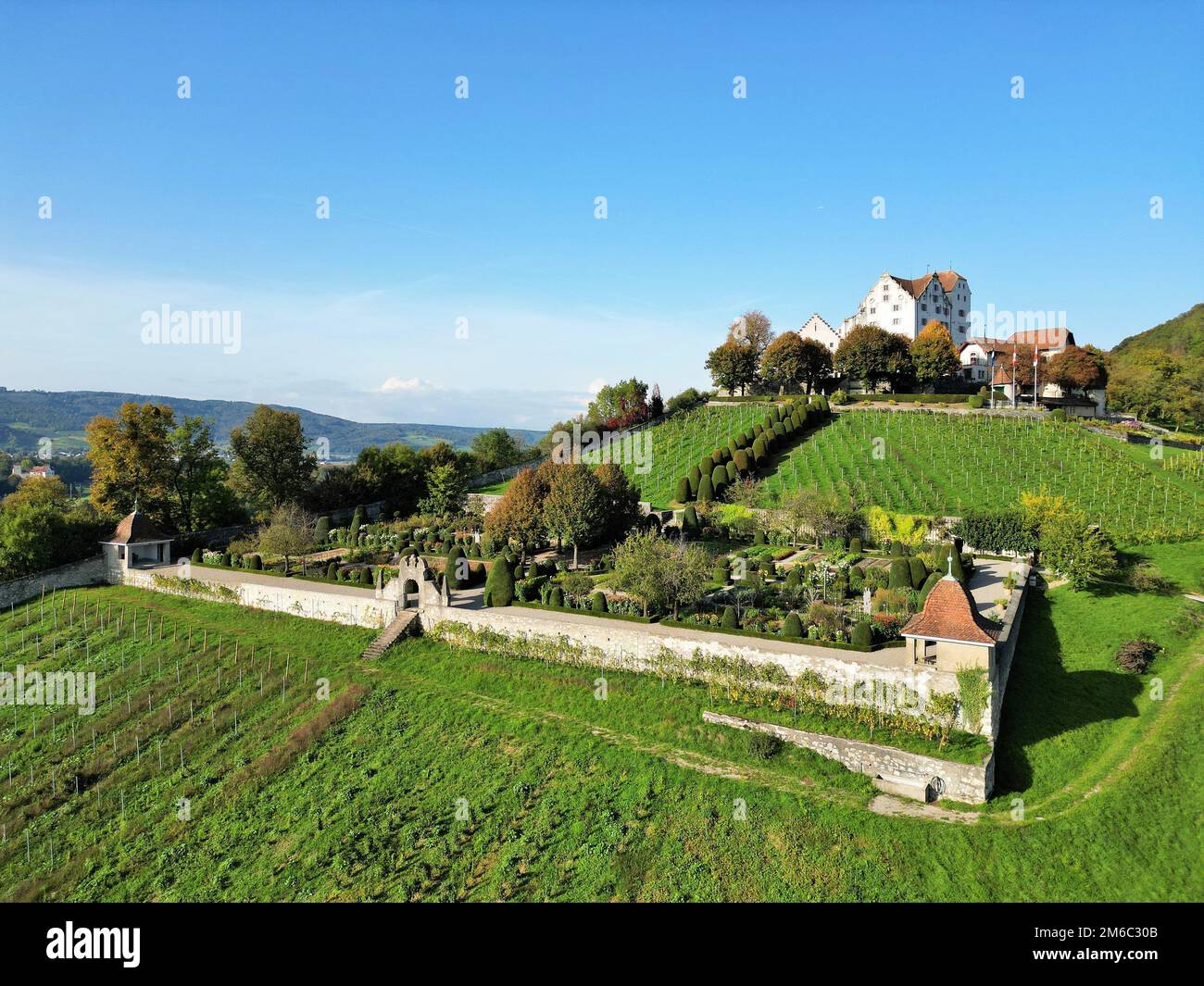 A beautiful aerial view of vineyards in front of the Wildegg Castle in ...