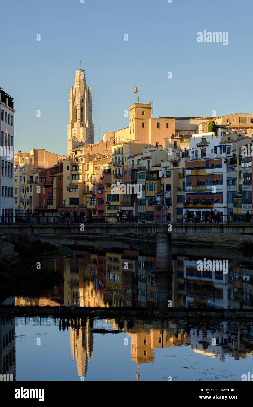 Famous gothic Cathedral landmark over the skyline in Girona reflected ...
