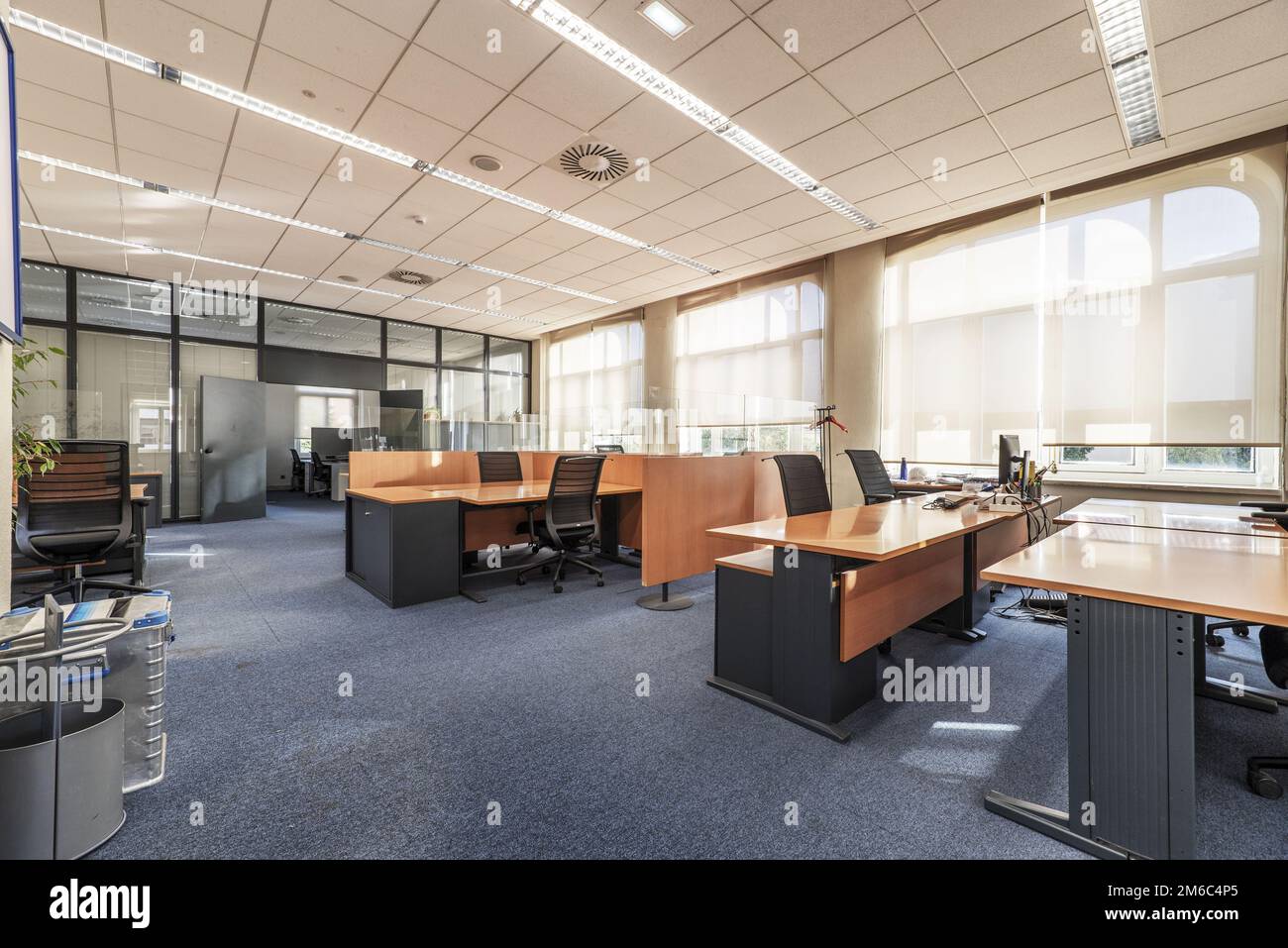 Office with work desks in rows and office fish tanks in the background ...