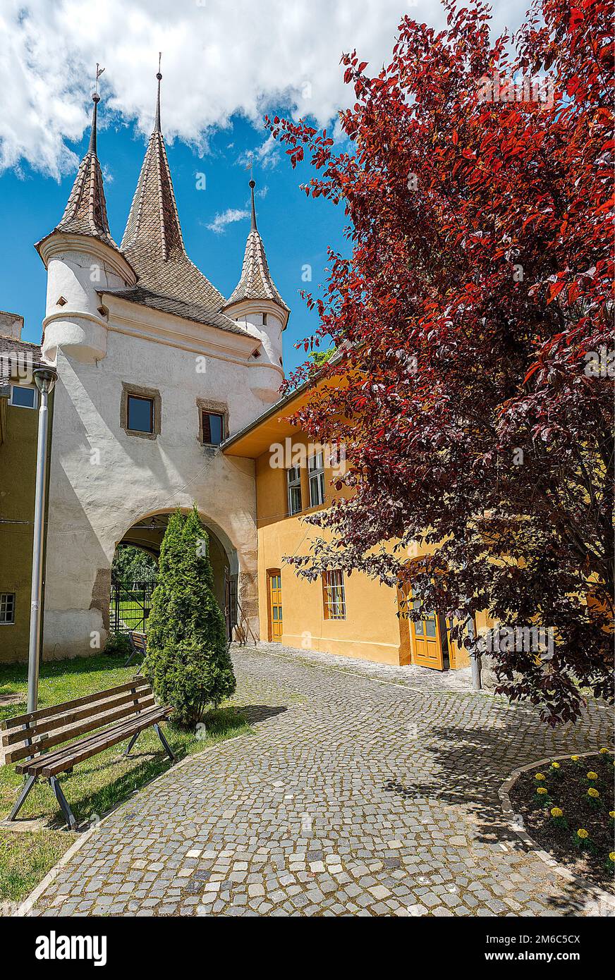 Ecaterina gate seen from gardens in summer in the city of Brasov in ...