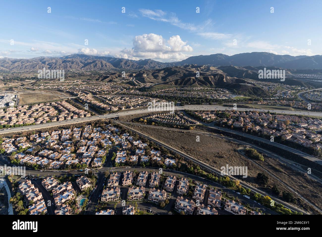 Aerial view of the Santa Clarita Valley and 14 freeway in Los Angeles ...