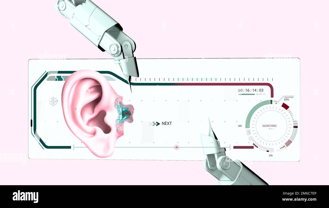 Robotic arm and transparent display. Hud. Ear study. Hearing problems ...