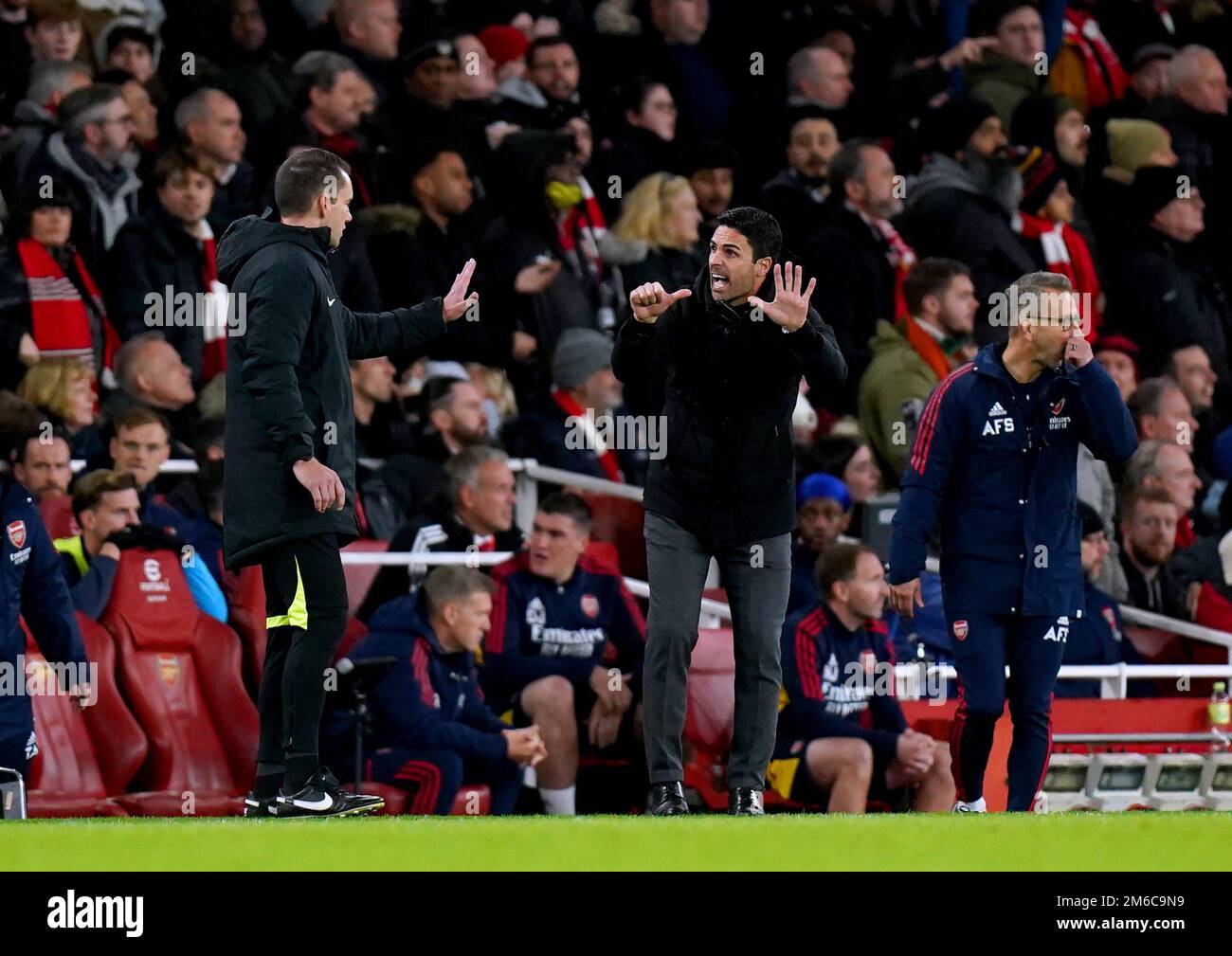Arsenal manager Mikel Arteta gestures to a match official during the ...