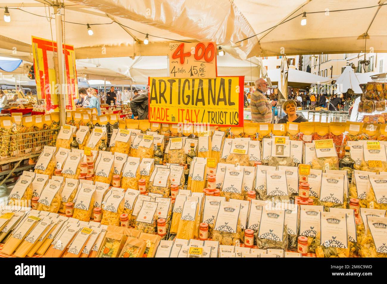 Different types of pasta for sale at a stall at campo dei fiori market ...