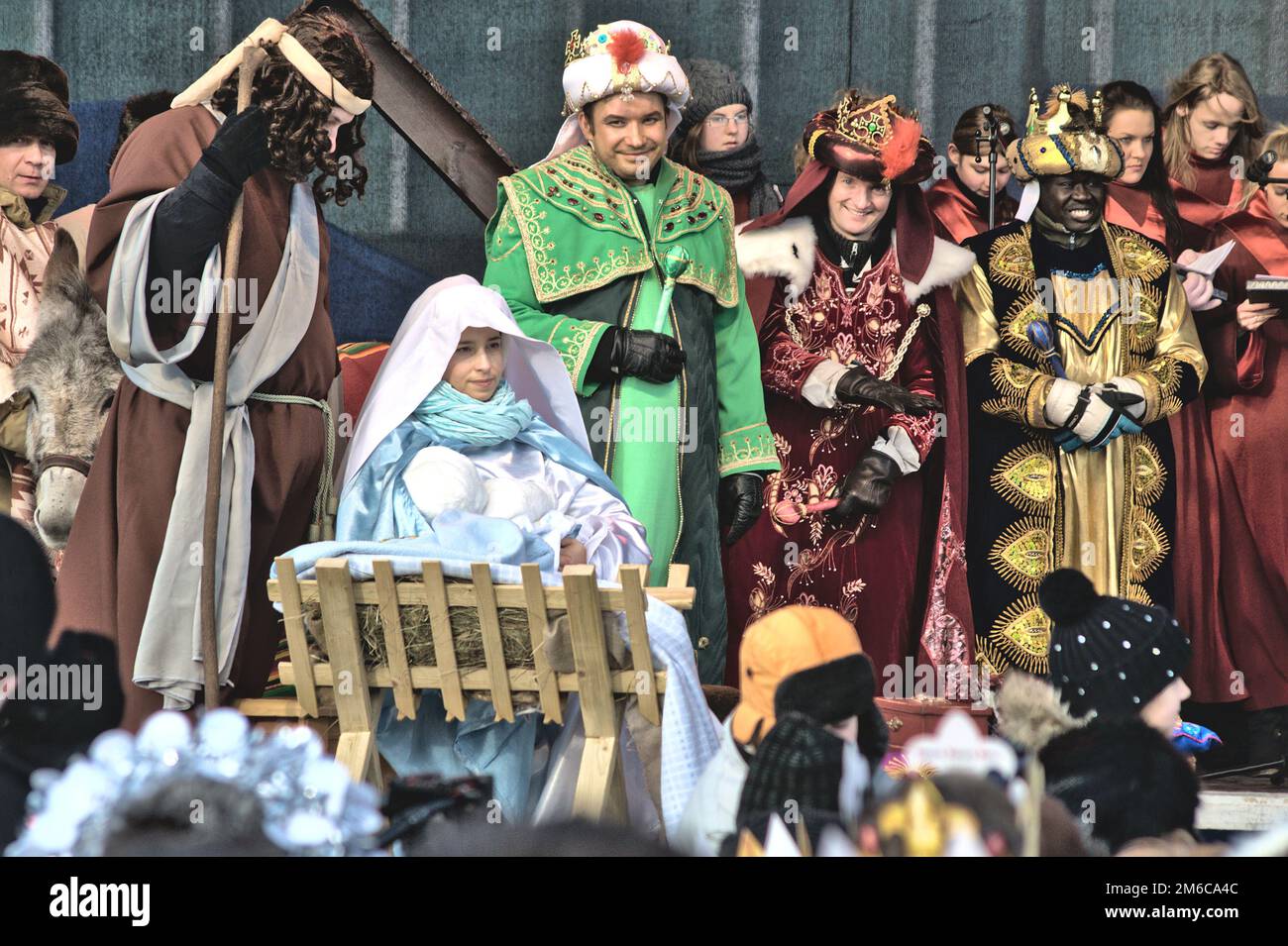 Reenactment Nativity scene of Adoration of the Magi during the annual Three Kings Day Parade on ...