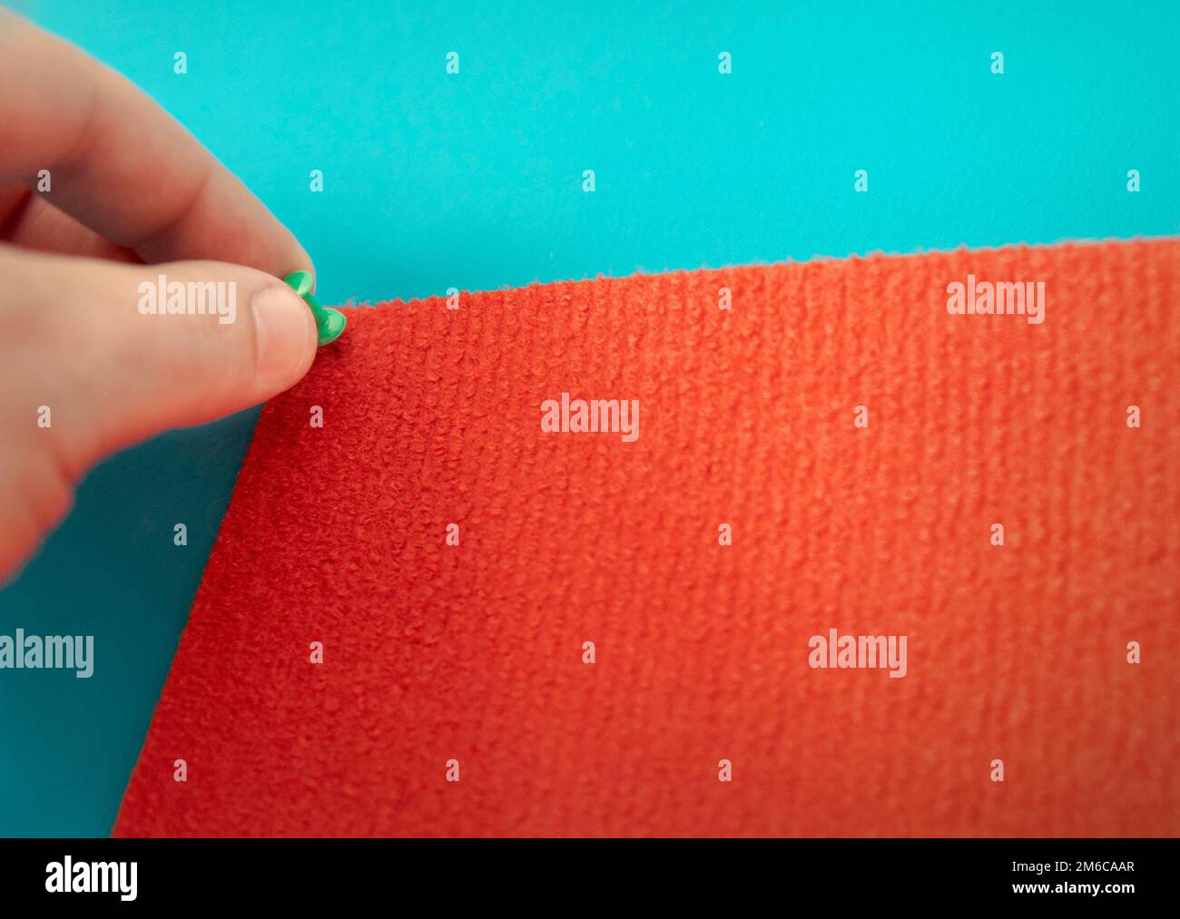 A man's hand attaches a red rug with push pins. Copy space. Textures ...