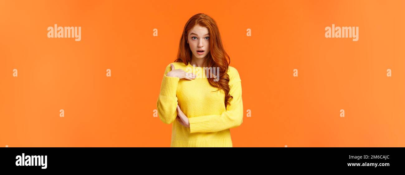 Who me. Frustrated and shocked, confused redhead woman accused ...