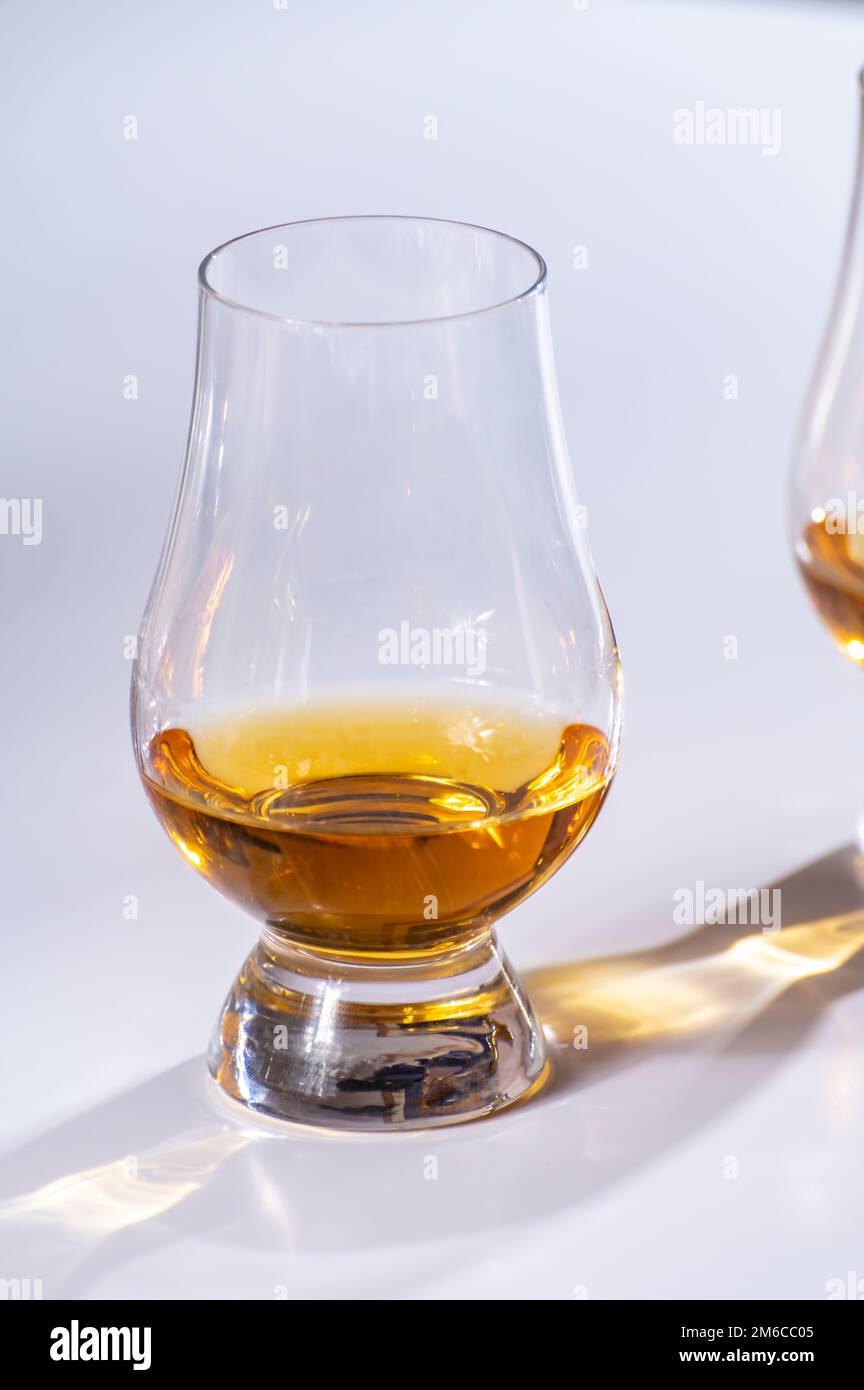 Tulip-shaped tasting glass with dram of Scotch single malt or blended ...