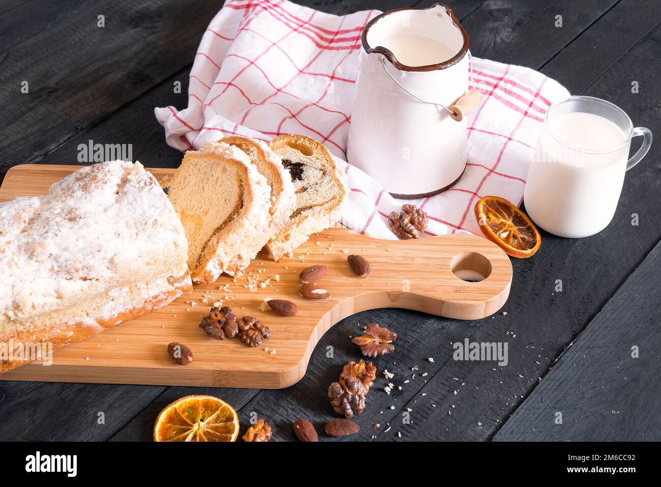 Rustic breakfast with cake and milk Stock Photo - Alamy