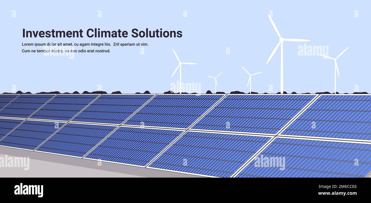Wind turbines and solar panels energy renewable station in field waste free world clean power ...