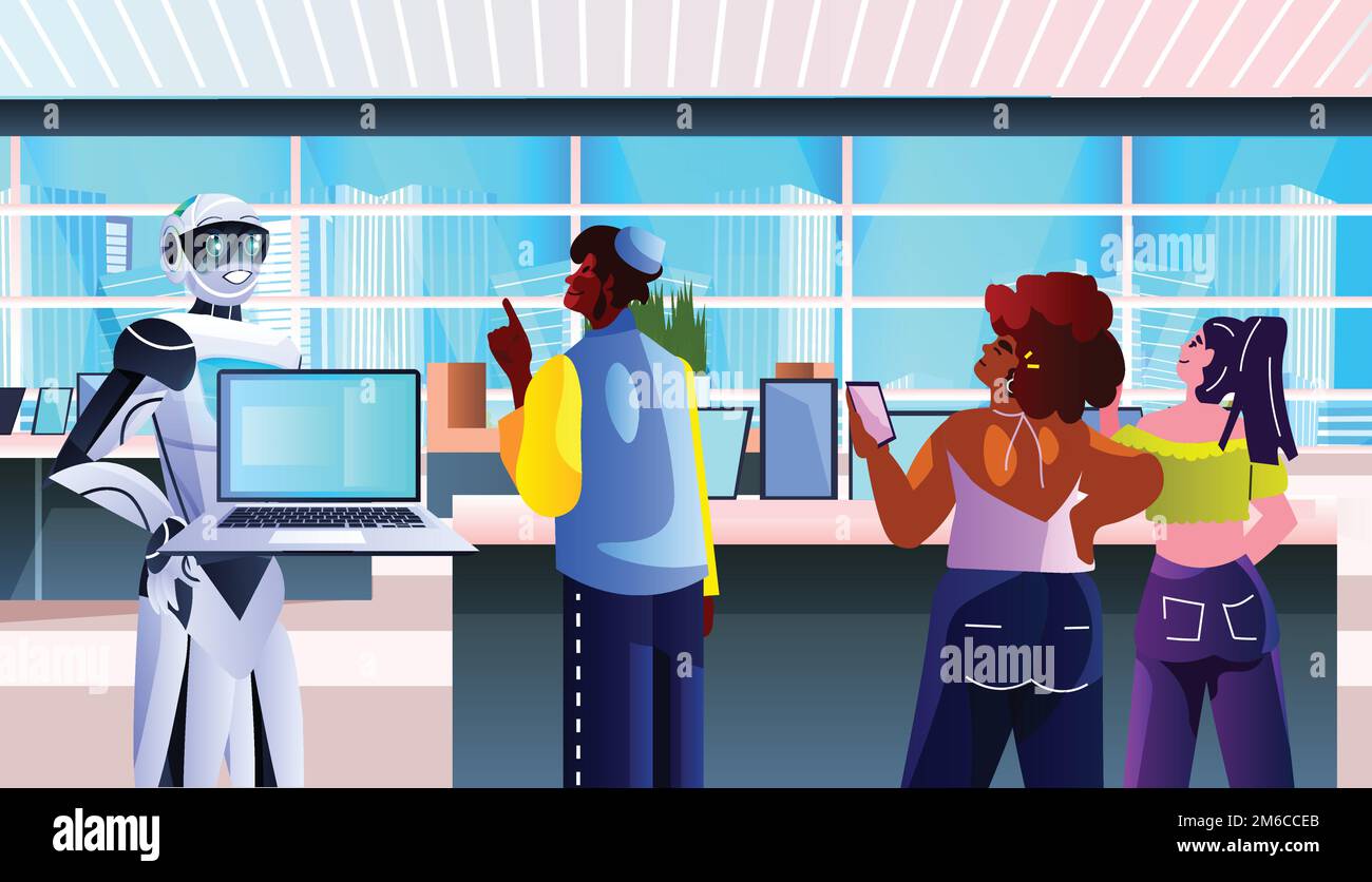 robot seller holding laptop people consumers in electronics store ...