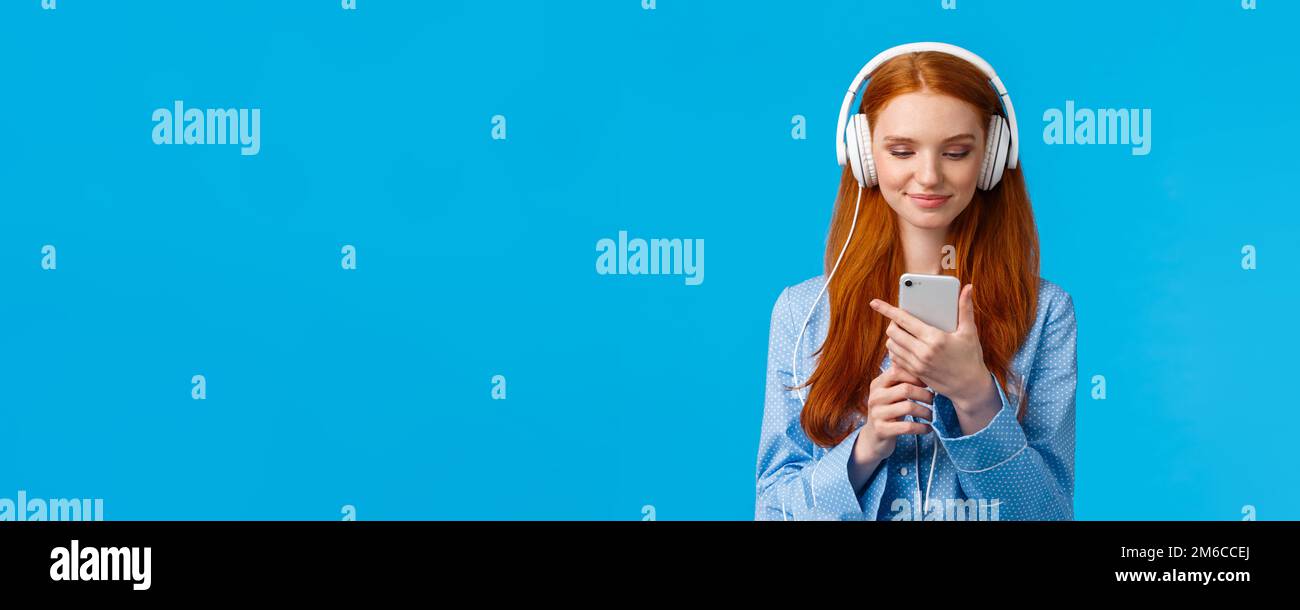Waist-up portrait good-looking foxy teenage college girl in headphones ...