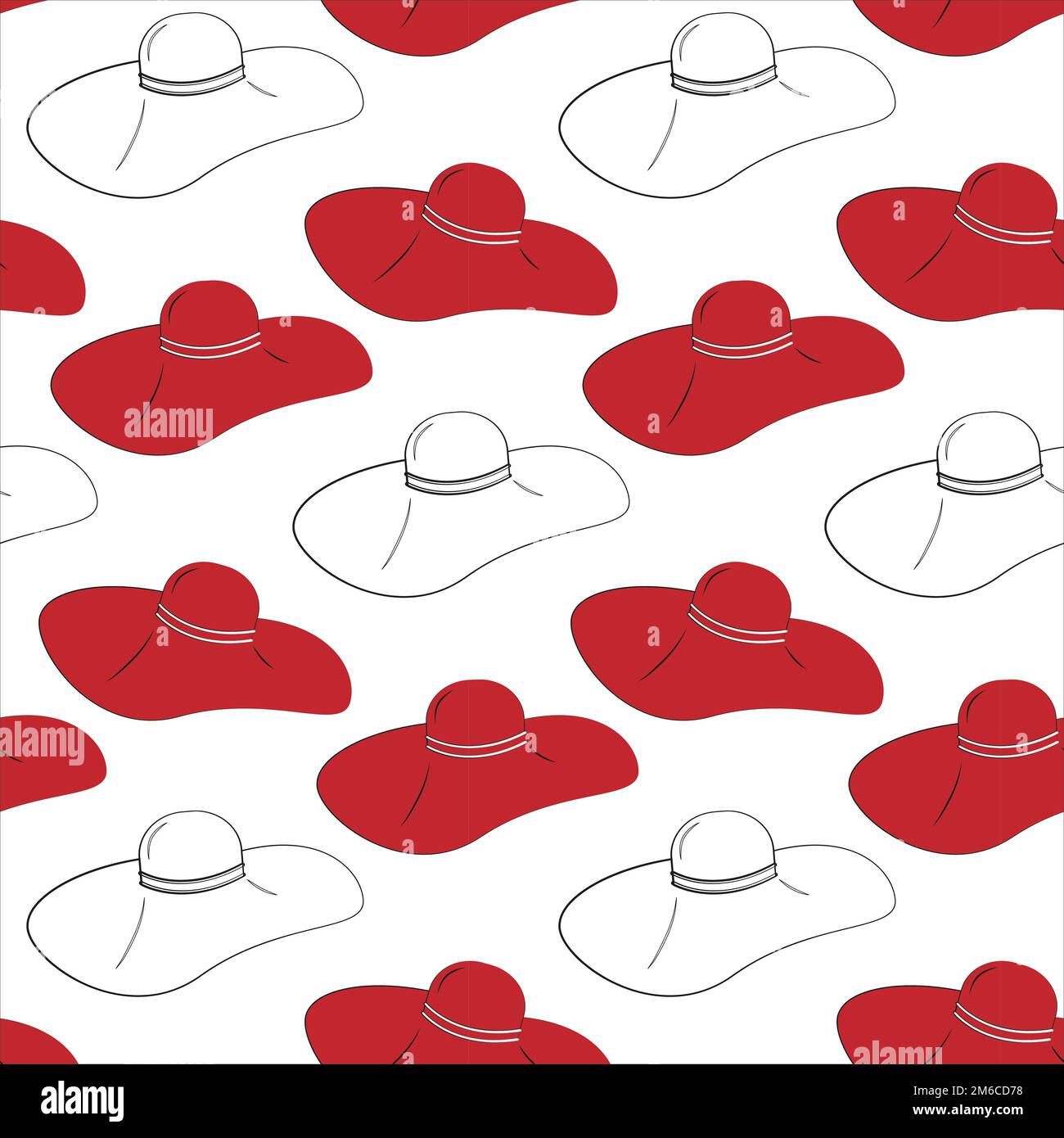 Endless pattern from stylized women wide brimmed hat in red and white ...