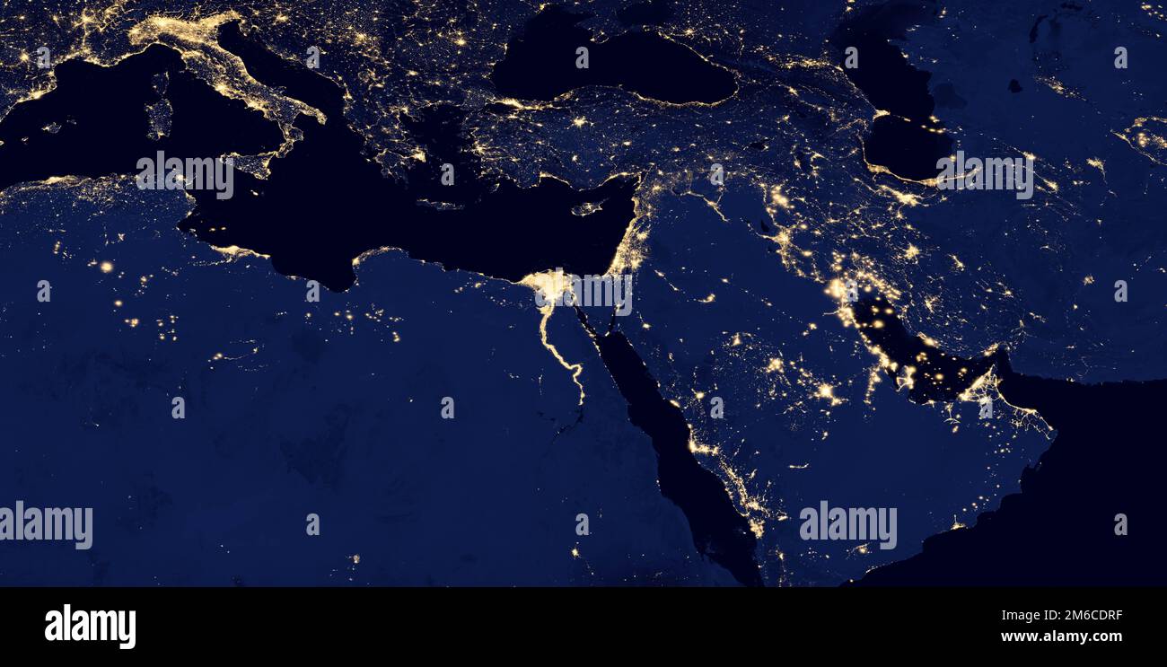 Middle east, west asia, east europe lights during night as it looks ...
