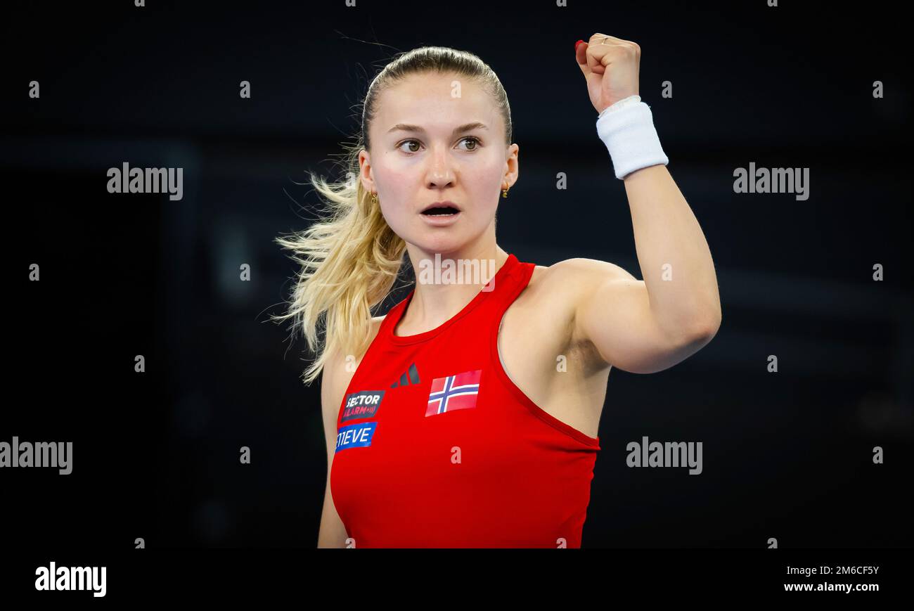 Malene Helgo of Norway in action against Martina Trevisan of Italy ...