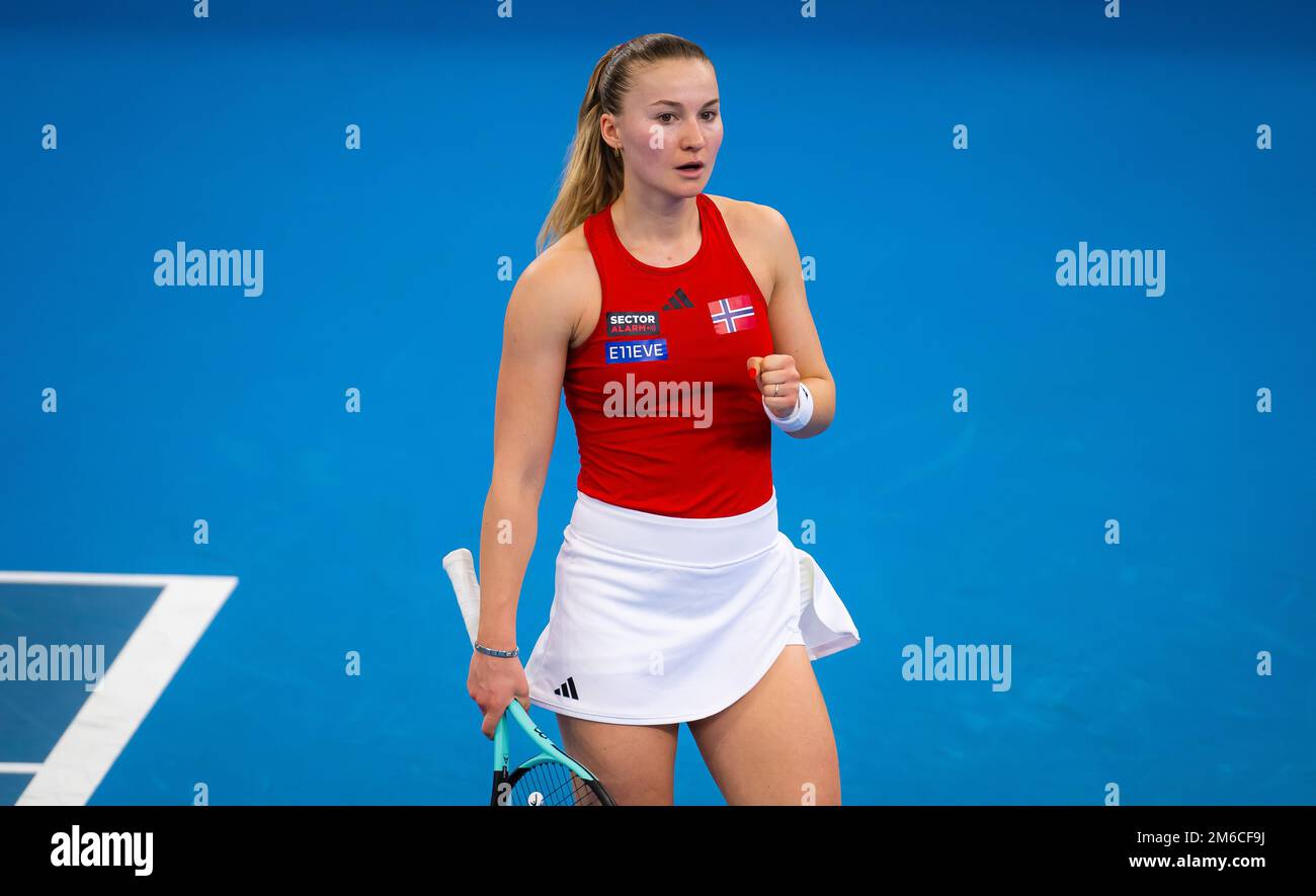 Malene Helgo of Norway in action against Martina Trevisan of Italy ...