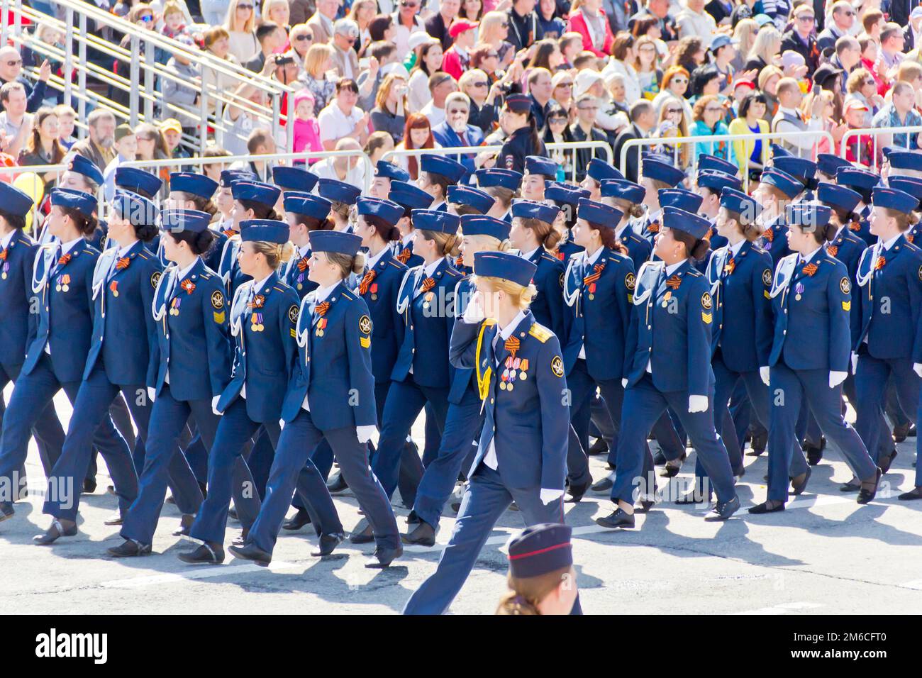 Russian military women are marching at the parade on annual Vict Stock ...