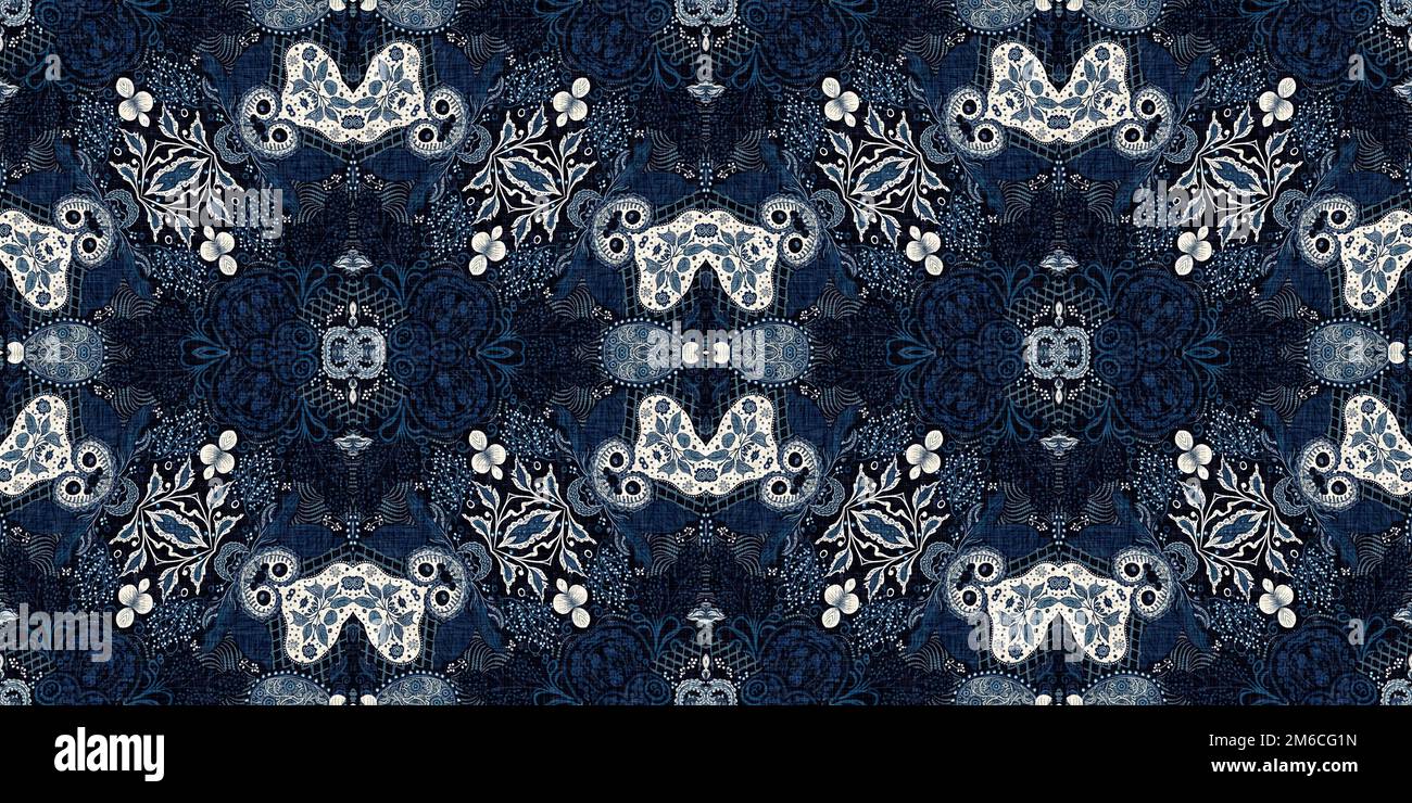 Retro indigo floral bandana 2 tone patterned fabric border background ...