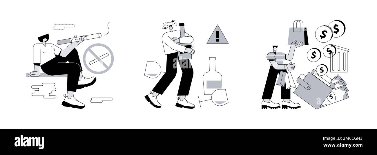 Bad habits abstract concept vector illustration set. Smoking cigarettes ...